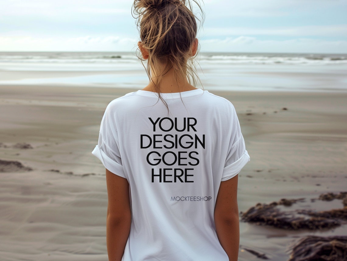 Female Model Back View Mockup Wearing Short Sleeve White T Shirt ...
