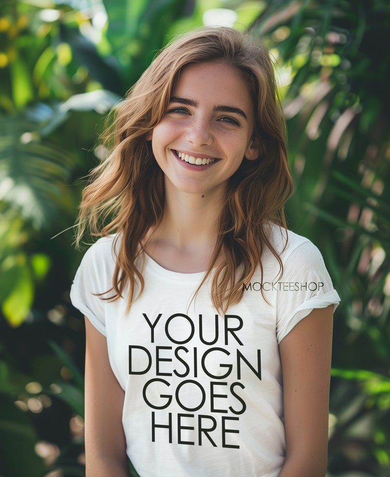 Female Model Mockup Wearing Short Sleeve White T Shirt Lifestyle Bella ...