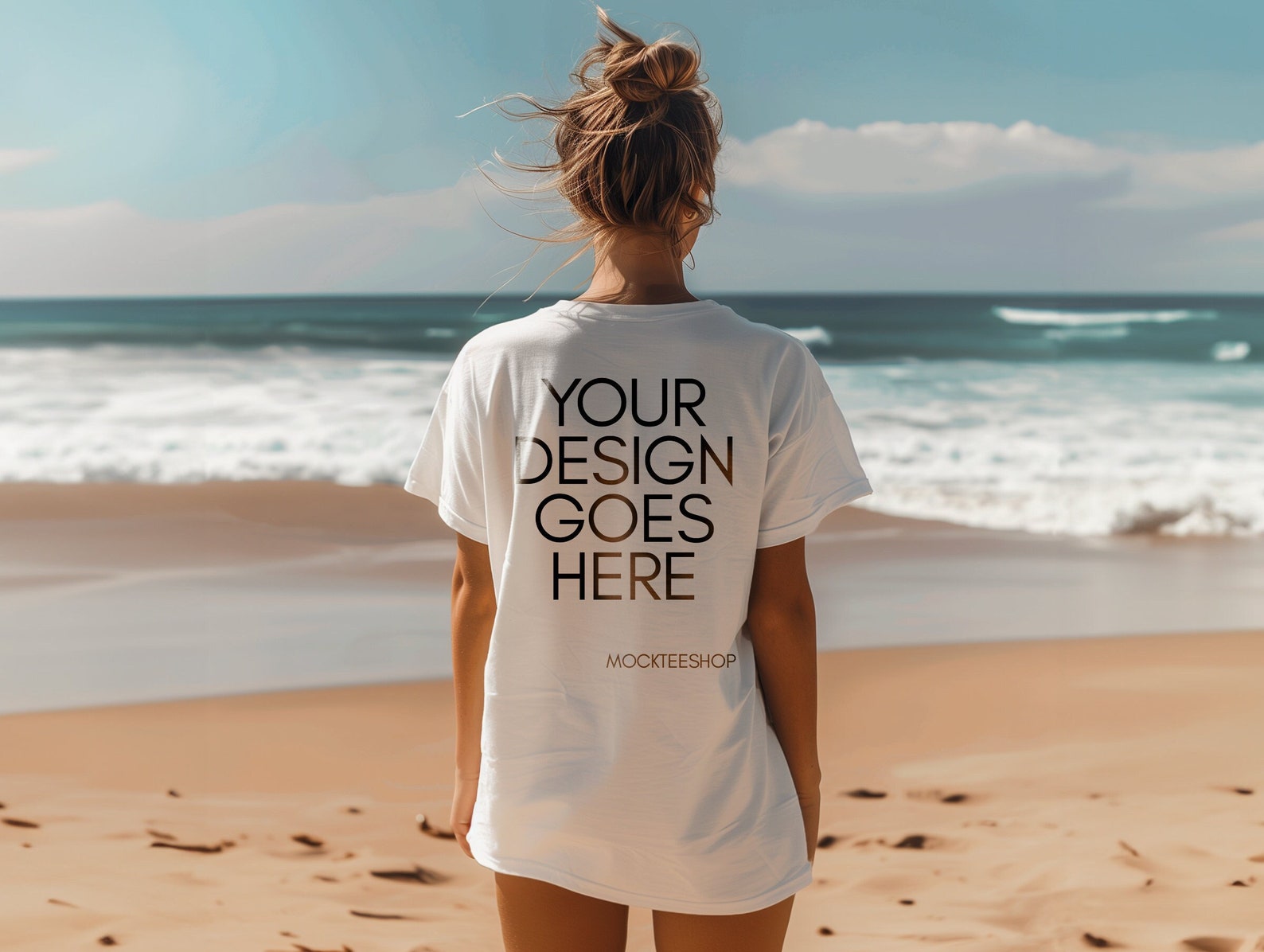 Female Model Back View Mockup Wearing Short Sleeve White T Shirt ...