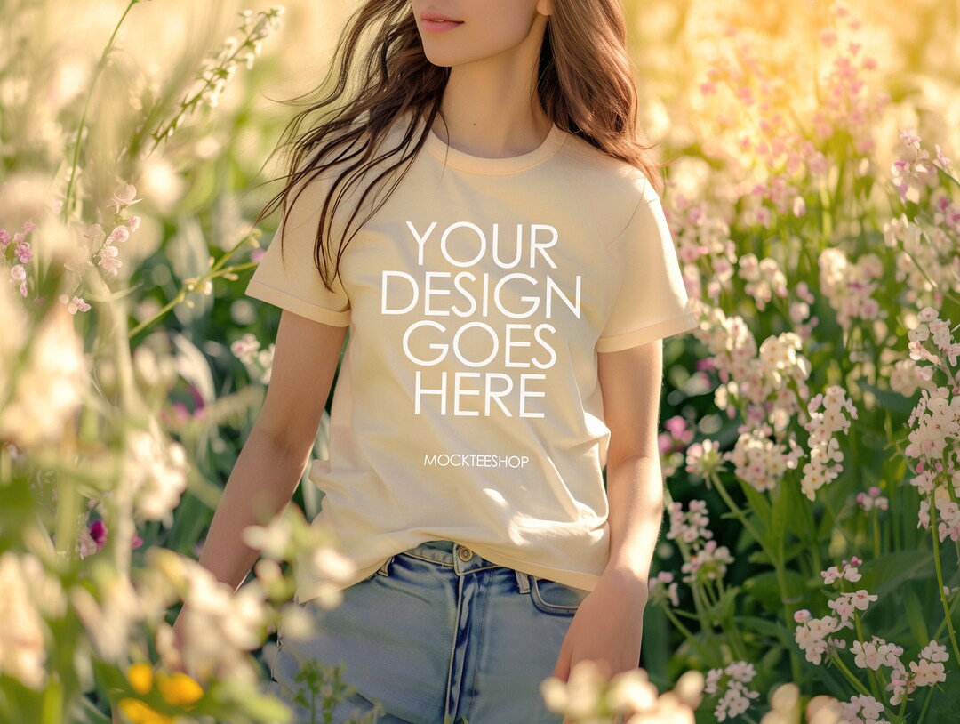 Female Model Mockup Wearing Short Sleeve Natural Color T Shirt ...