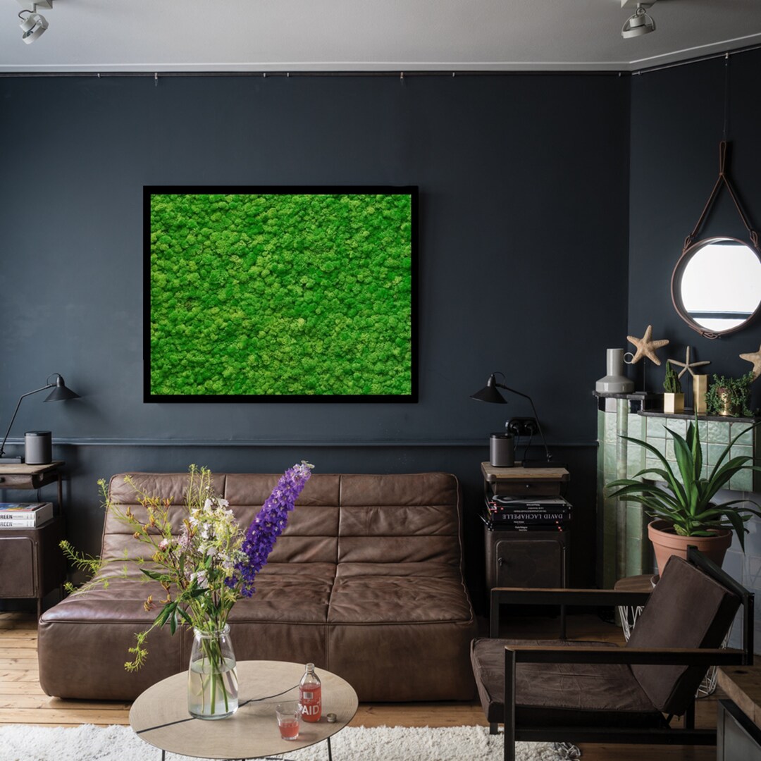 Rectangle Moss Picture Green Wall Art Decor Light Green Lichen Moss Wooden Frame Stabilized ...