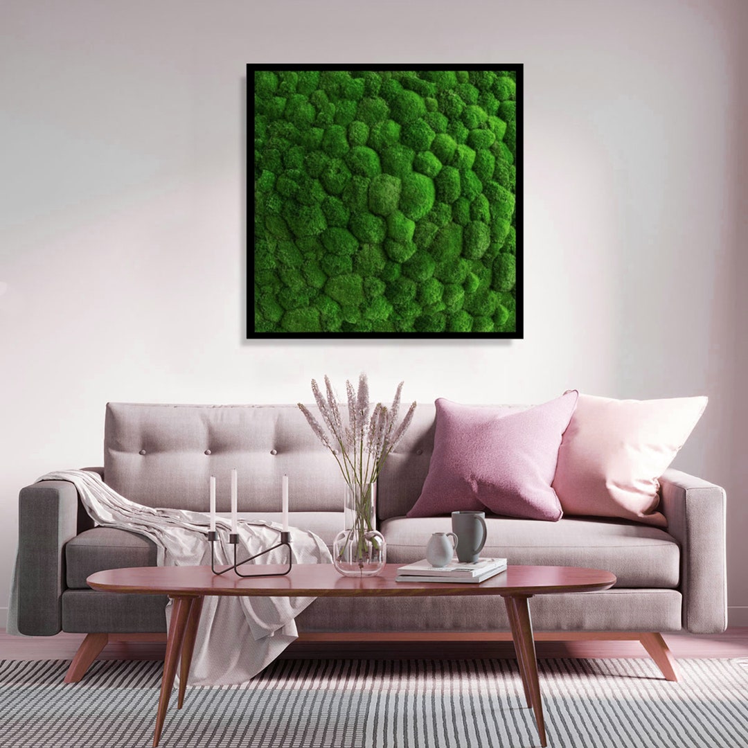 Square Moss Wall Art Framed Forest Green Ball Moss Wooden Frame Ball ...