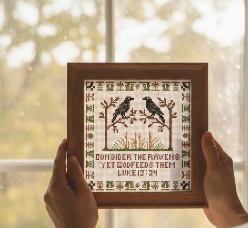 Raven Bible Verse Cross Stitch Pattern PDF | Primitive Sampler Luke 12: ...
