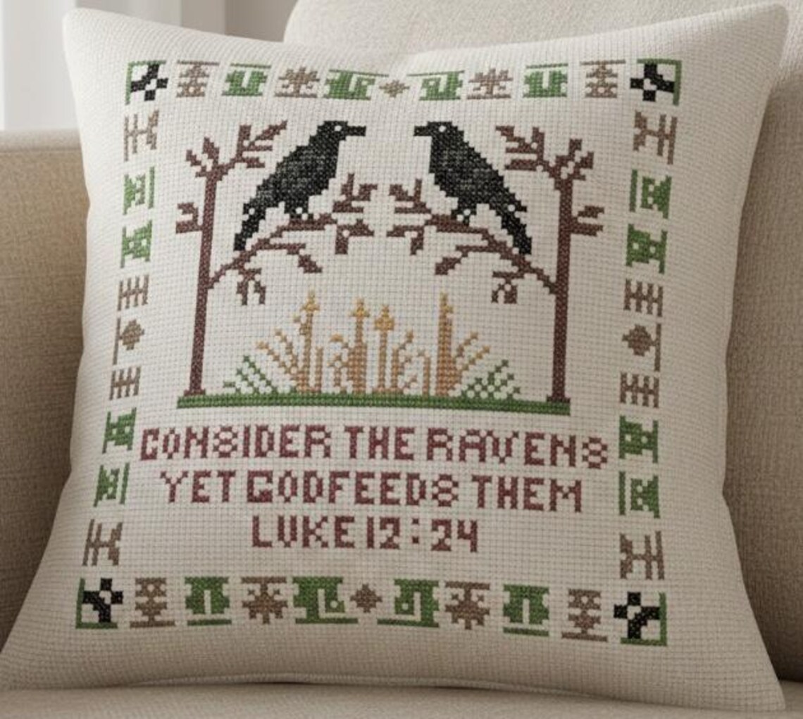 Raven Bible Verse Cross Stitch Pattern PDF | Primitive Sampler Luke 12: ...