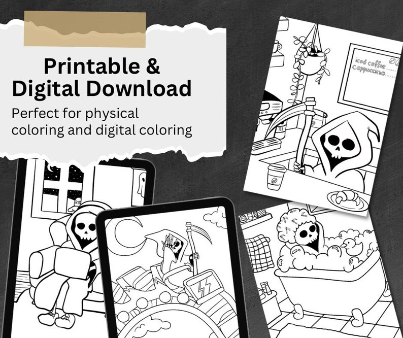 Cozy Bones - Grim Coloring Pages - Procreate iPad Printable 4 Page Set ...