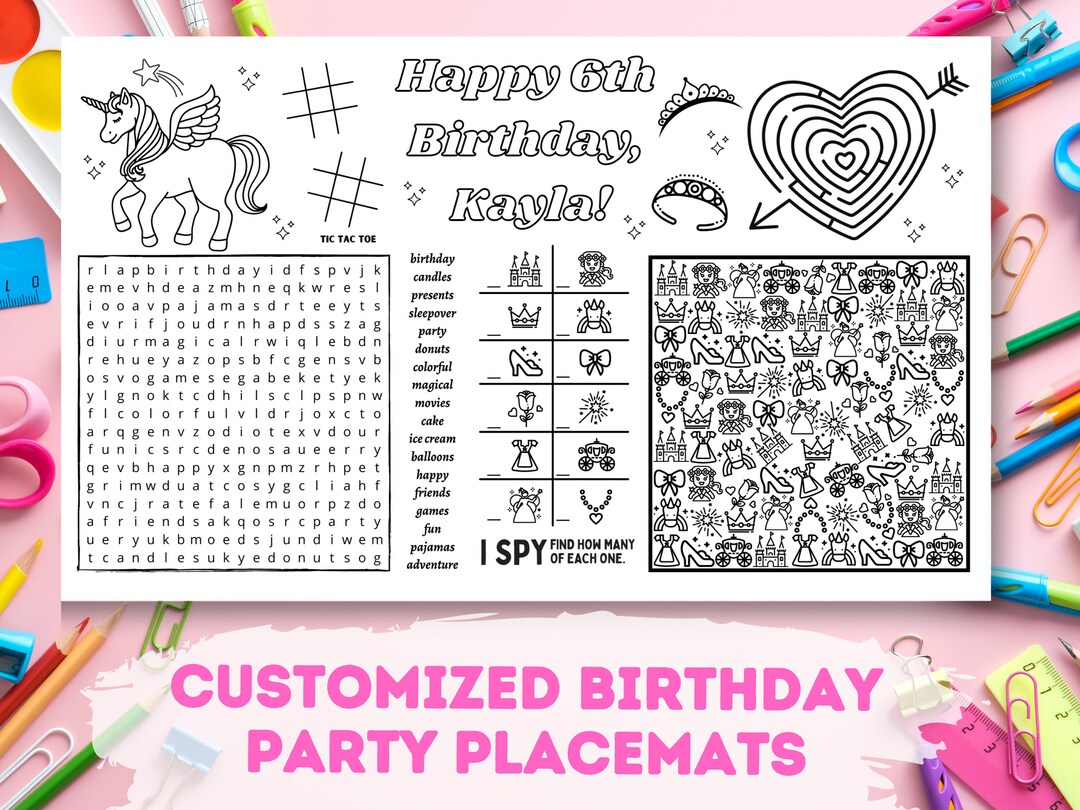 Kids Party Printable | Custom Placemats | Printable Activities for Kid ...