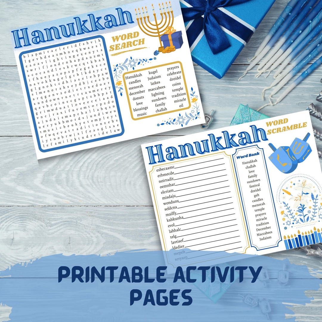 Hanukkah Activity Pages, Word Search, Scramble, Coloring (printable PDF ...