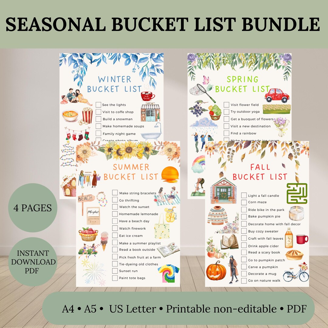 Seasonal Bucket List Printable, Goal Setting, 4 Season Checklist ...
