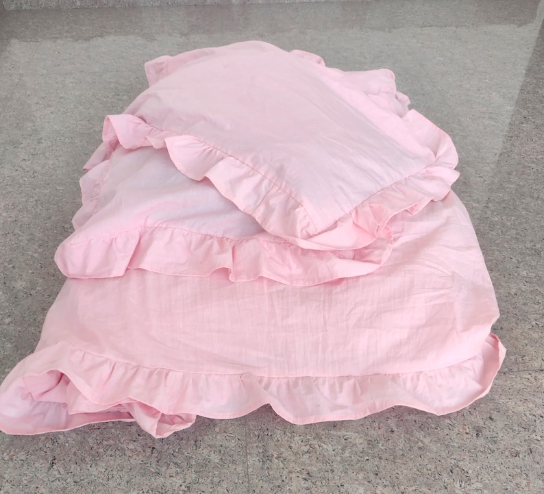 Pink Linen Bedding Duvet Cover Set Ruffled Linen Duvet Cover With 2 ...