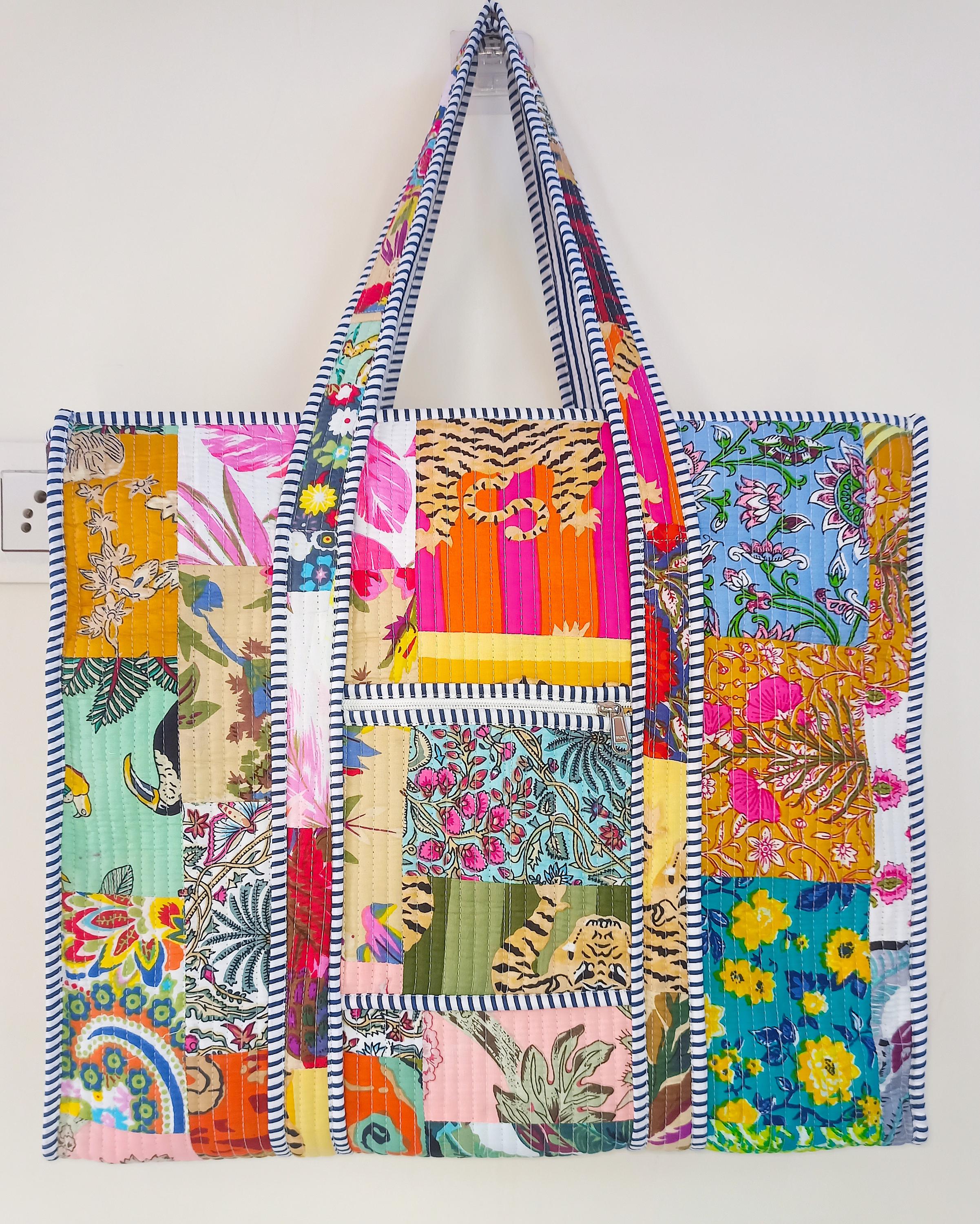 Indian Patchwork Cotton Tote Bag: Handmade Shopper, Book Bag - Etsy