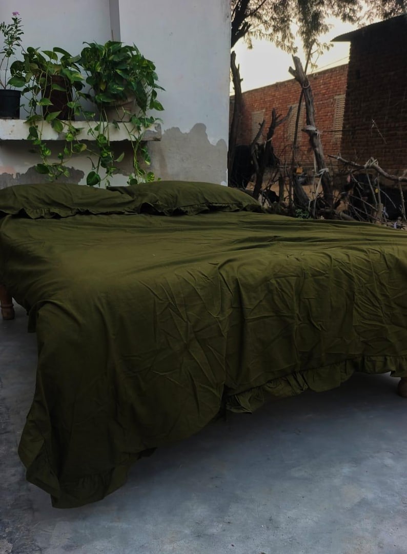 Cotton Olive Green Duvet Cover 3pcs Ruffled Duvet Cover With 2 ...