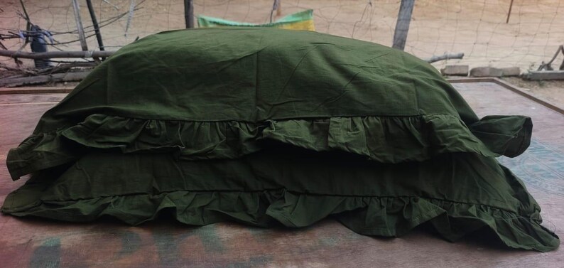 Cotton Olive Green Duvet Cover 3pcs Ruffled Duvet Cover With 2 ...