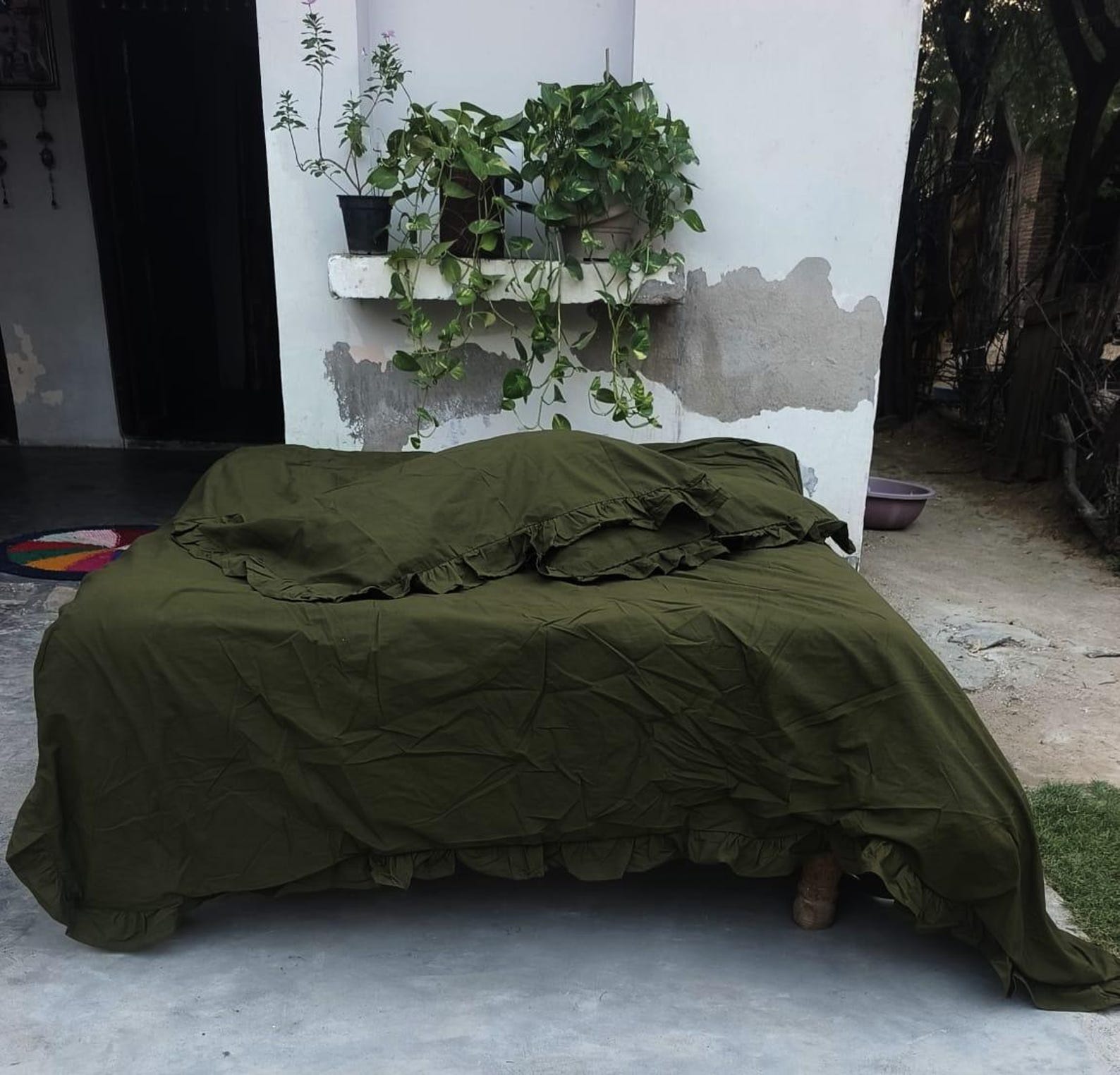 Cotton Olive Green Duvet Cover 3pcs Ruffled Duvet Cover With 2 ...