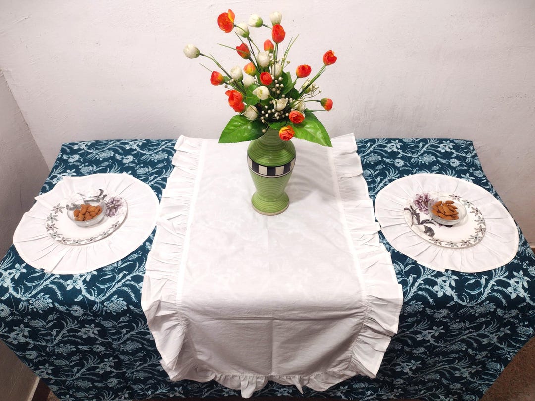 Double Layer Ruffle Table Runner White Linen and Cotton ,fram House ...