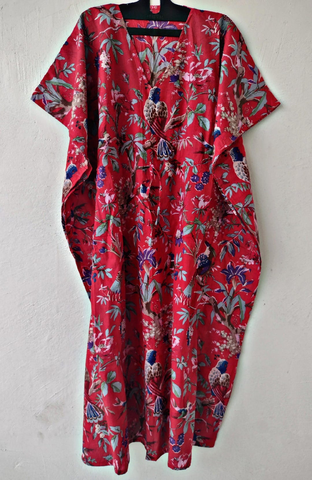 Red Bird Print Cotton Kaftan Dress Woman Long and Short Gown Beach ...