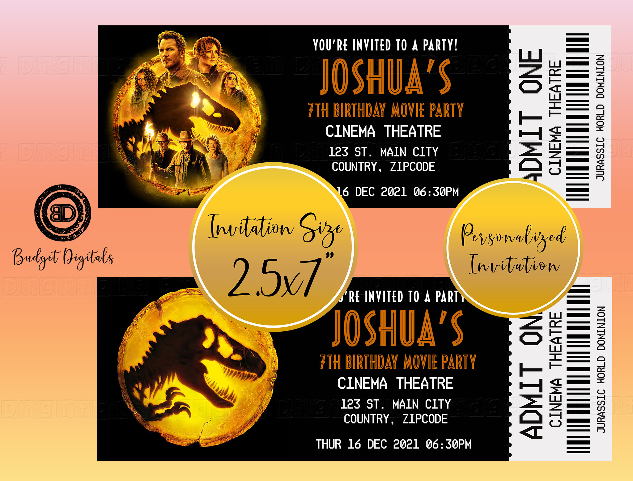 Jurassic World Dominion Movie Ticket, Jurassic World Dominion Birthday Invitation, Jurassic ...