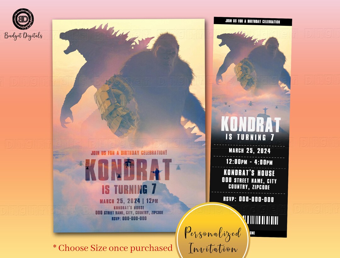 Godzilla X Kong the New Empire Birthday Invitation, Godzilla X Kong the ...