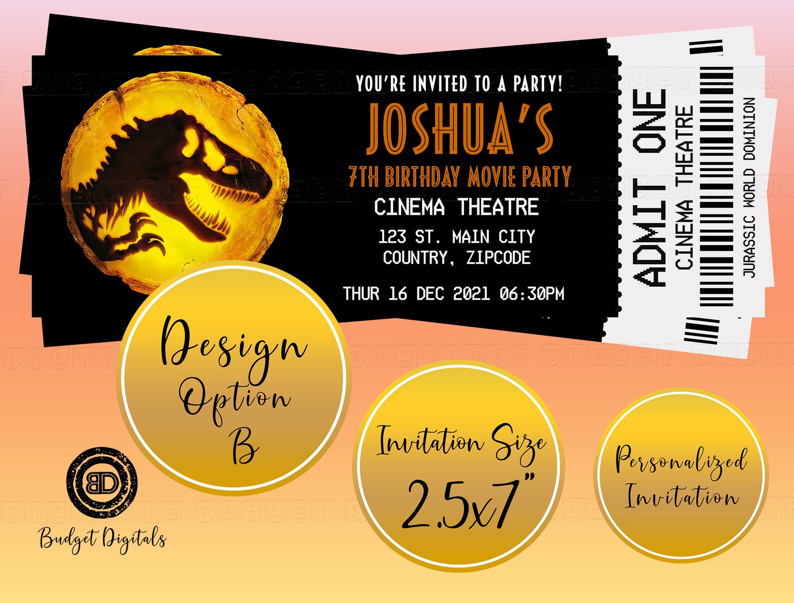 Jurassic World Dominion Movie Ticket, Jurassic World Dominion Birthday Invitation, Jurassic ...