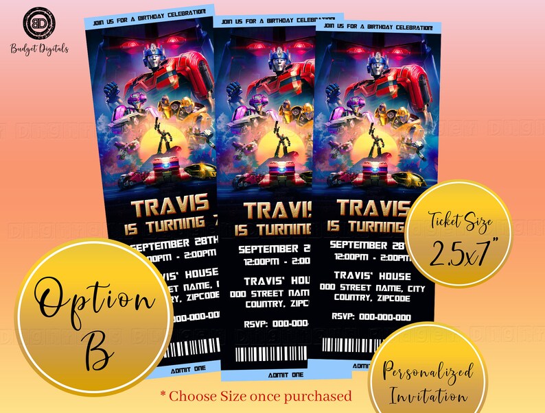 Transformers One Birthday Invitation, Transformers One Movie Ticket ...