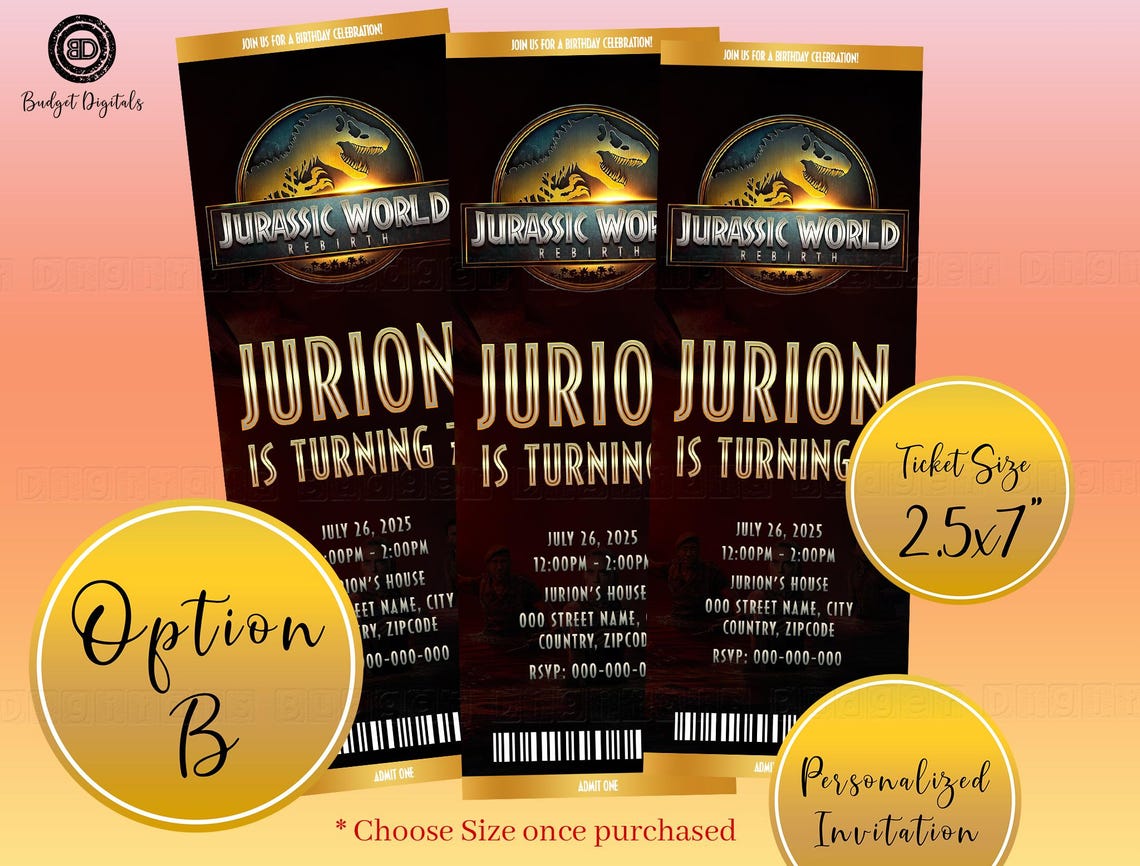 JURASSIC WORLD REBIRTH Birthday Invitation, Jurassic World Rebirth Movie Ticket, Jurassic World ...
