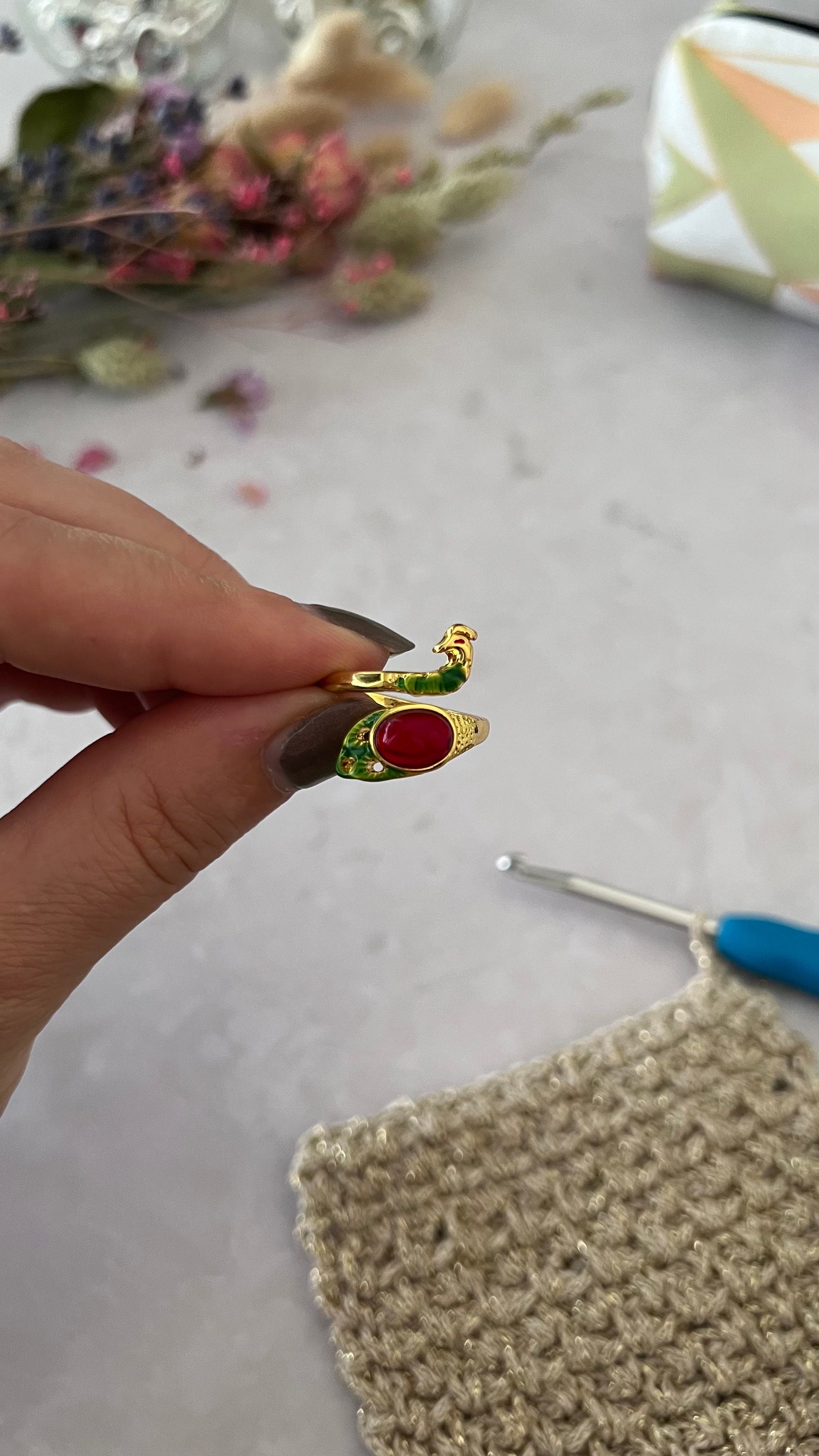 Peacock Yarn Tension Ring for Knitting or Crochet- Adjustable - Yarn ...