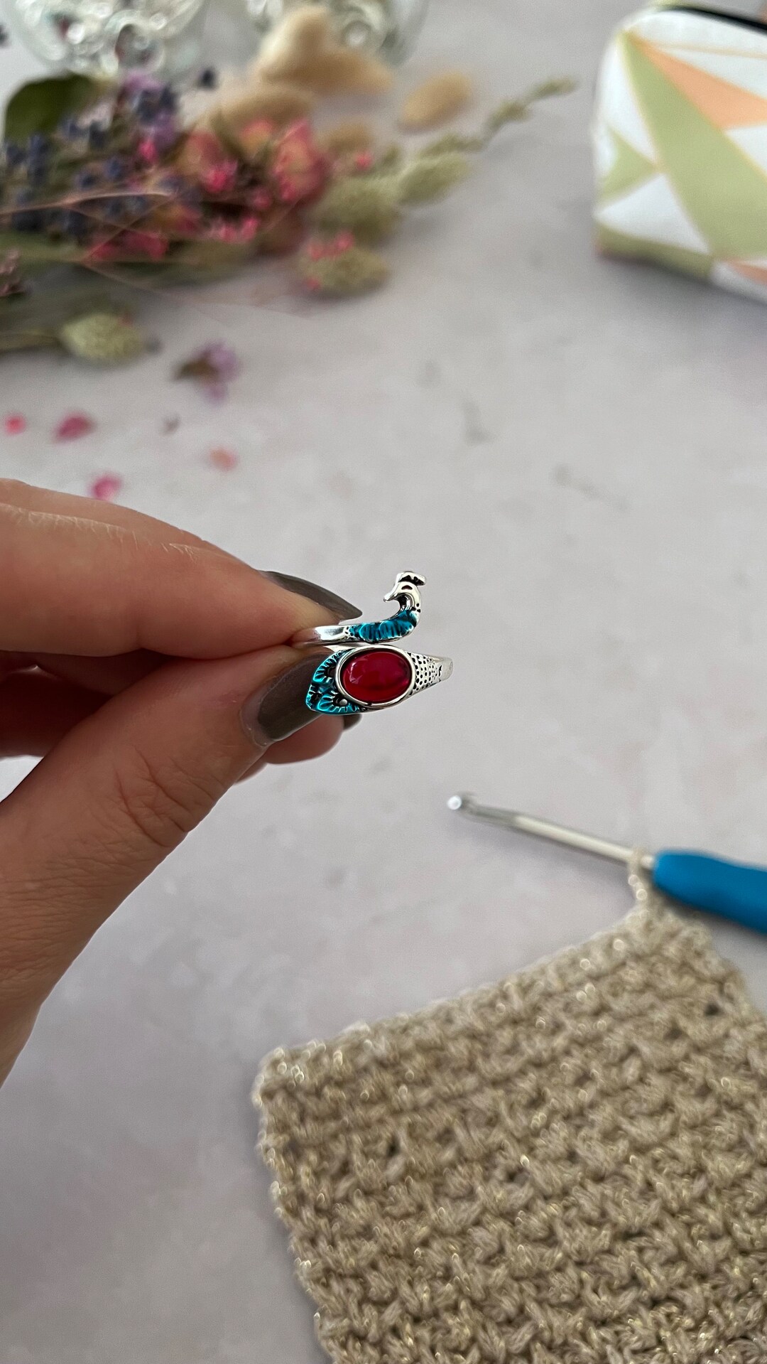 Peacock Yarn Tension Ring for Knitting or Crochet- Adjustable - Yarn ...