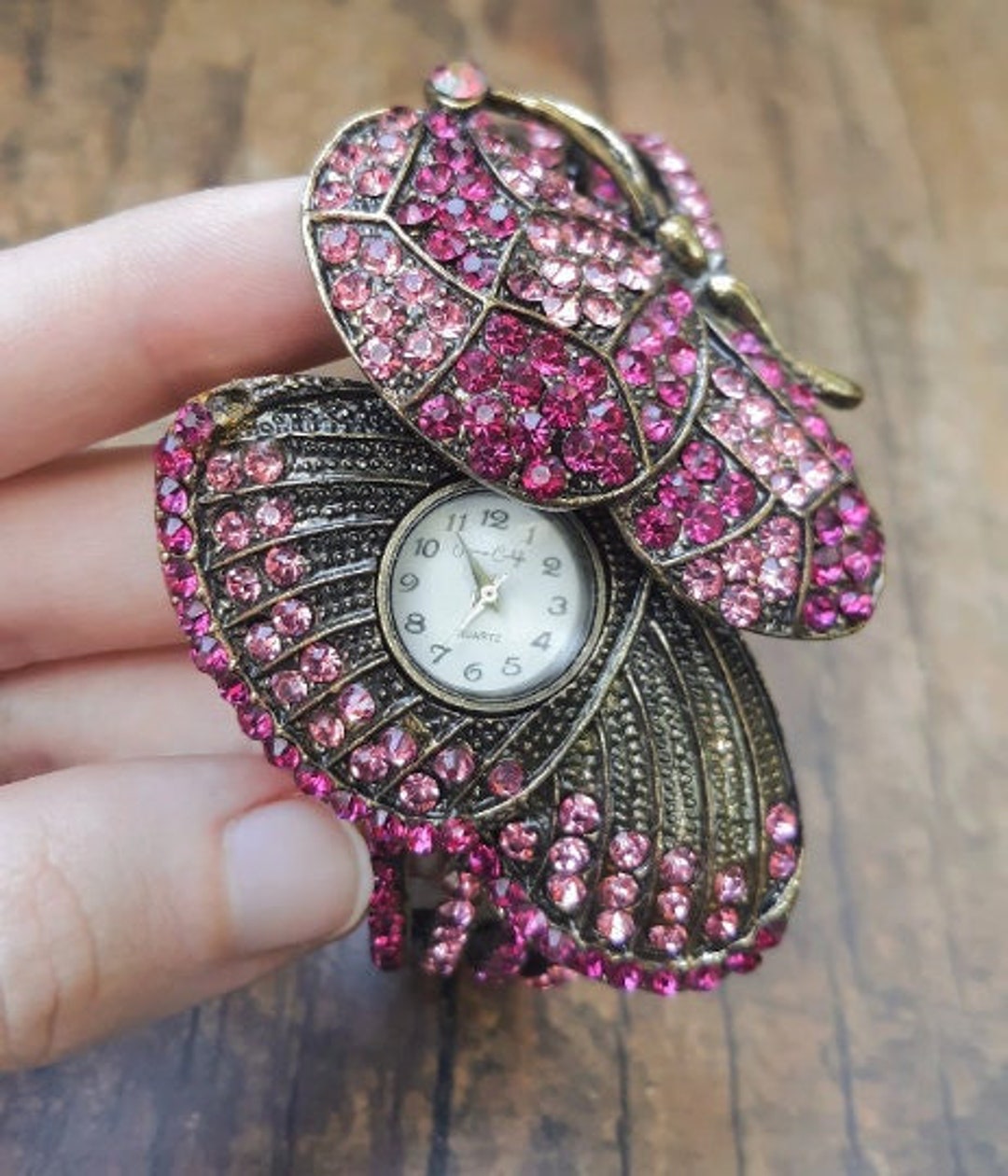 Vintage Jessica Carlyle Watch, Pink Butterfly Watch, Rhinestone Cuff ...
