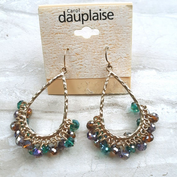 Carol Dauplaise Teardrop Dangle Earrings with Green Purple Amber Beads