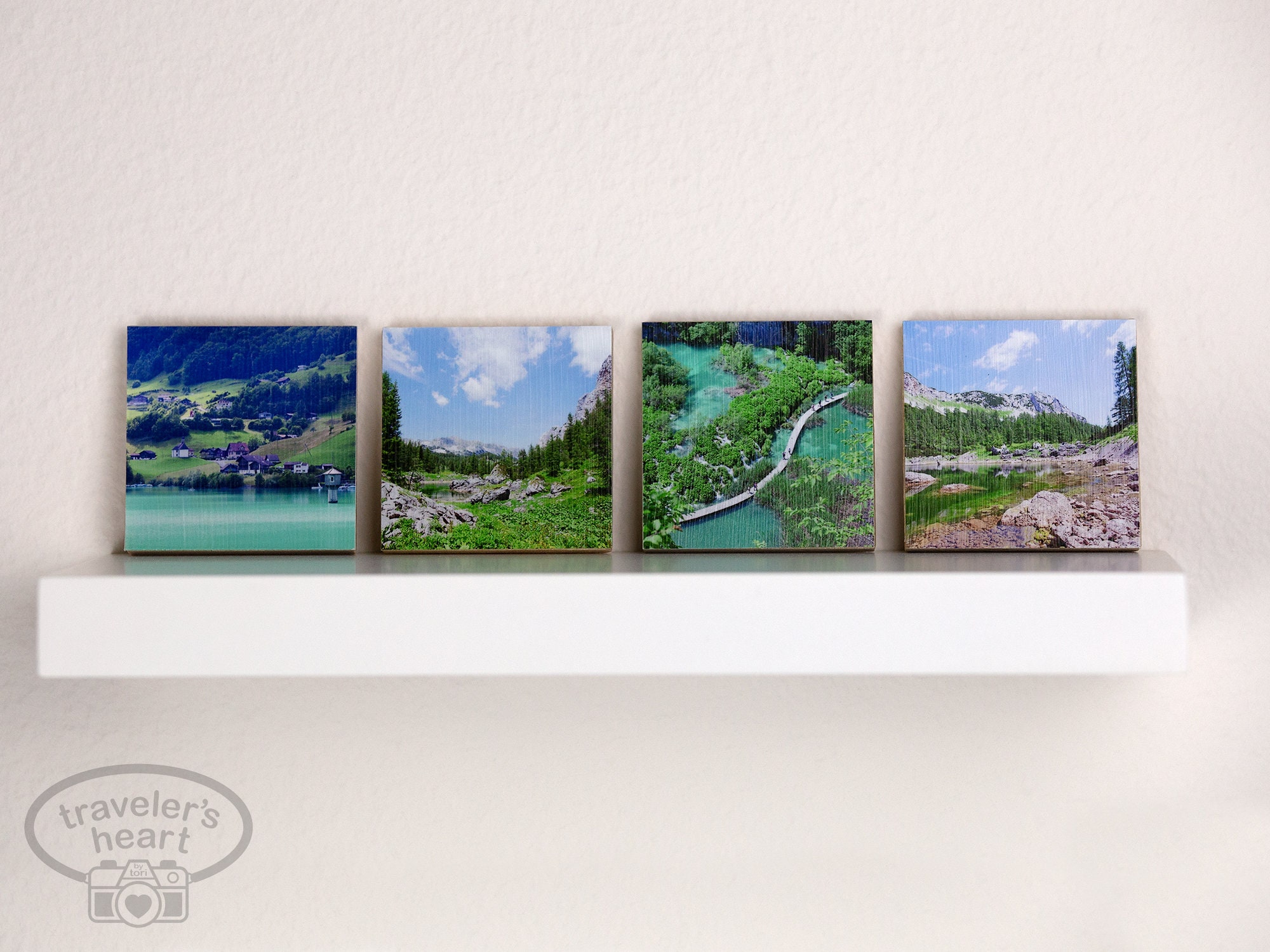 Scenic Photo on Birch Wood Tile Village on Hillside Above Turquoise ...