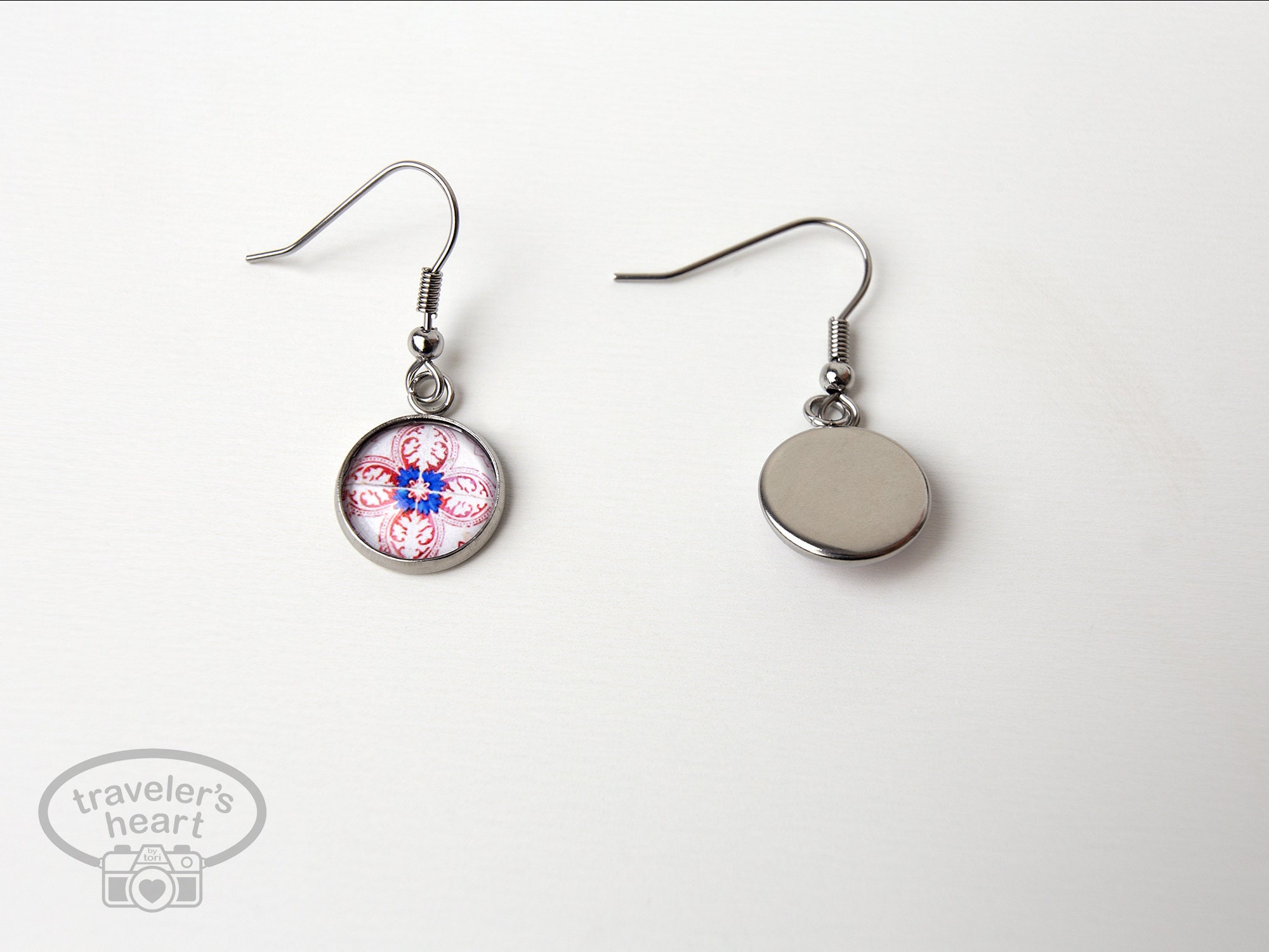 Unique Stainless Steel Tile Photo Earrings - Dangly Round Glass Bead ...