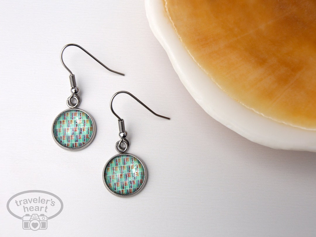 Tile Photo Earrings - Dangly Stainless Steel - Round Glass Bead ...
