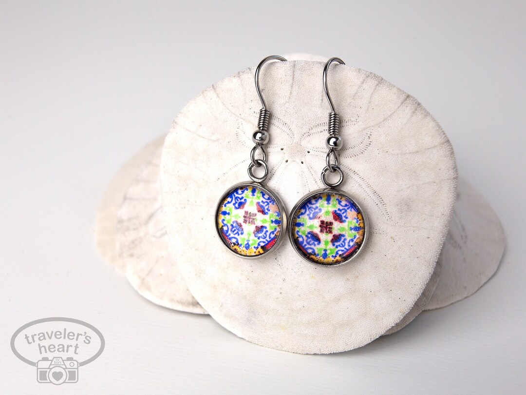 Dangly Tile Photo Earrings -round Glass Cabochon - Stainless Steel ...
