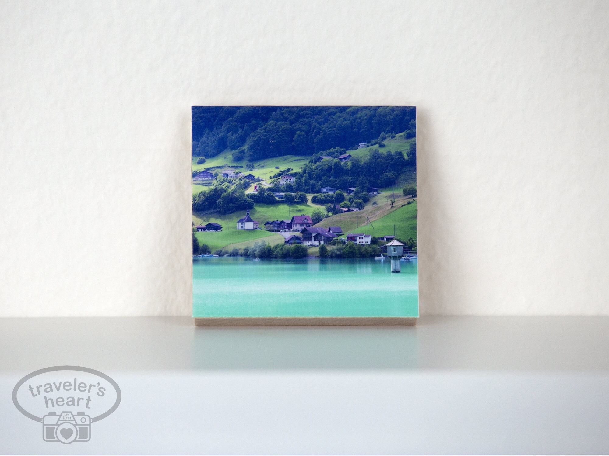 Scenic Photo on Birch Wood Tile - Village on Hillside Above Turquoise ...