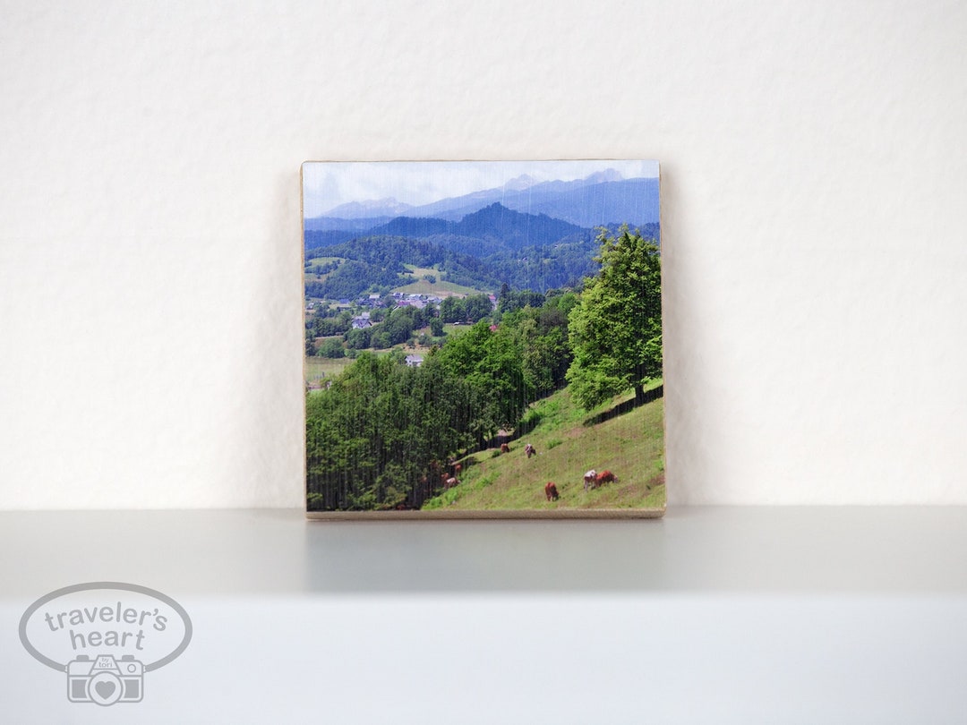 Photo of Slovenian Countryside Mounted on Birch Wood Tile Cows on ...