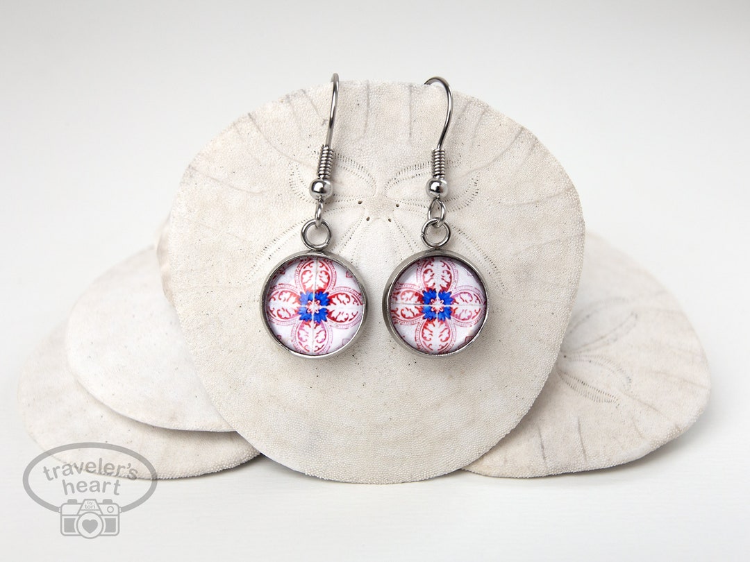 Unique Stainless Steel Tile Photo Earrings - Dangly Round Glass Bead ...