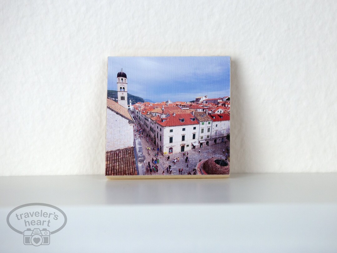 Square Photo on Wood Tile Bell Tower of St Saviour Church Red Rooftops ...