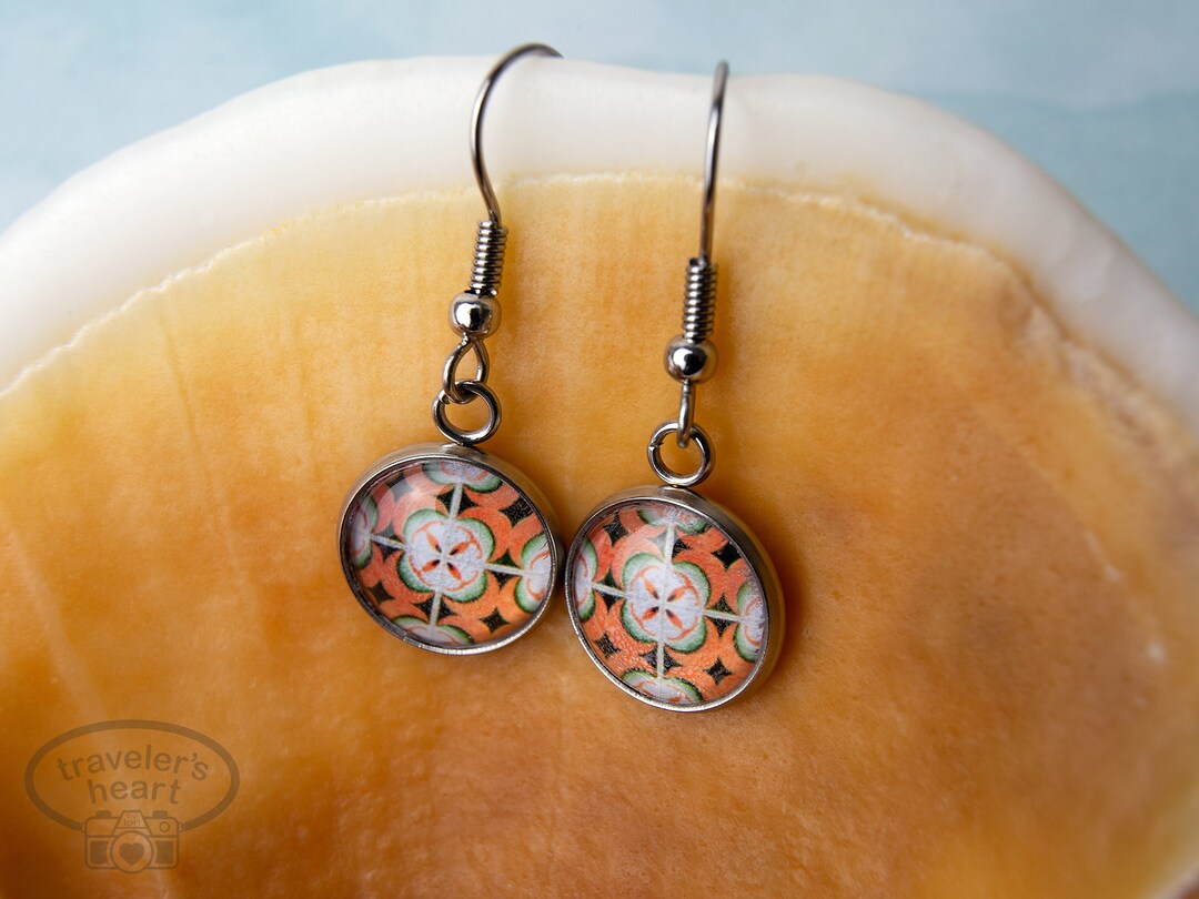 Porto Portugal Tile Photo Earrings - Dangly Stainless Steel - Round ...
