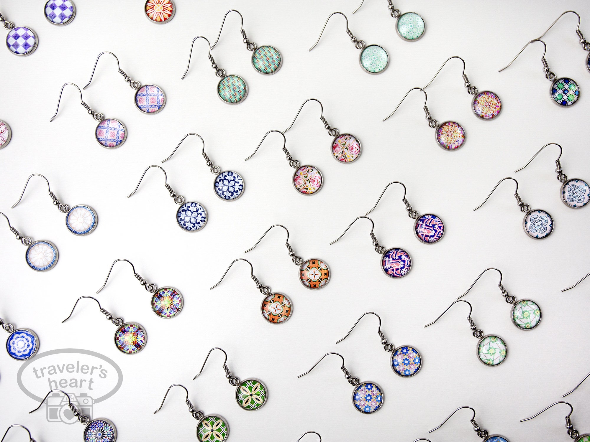 Unique Stainless Steel Tile Photo Earrings - Dangly Round Glass Bead ...