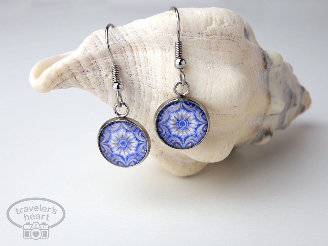 Stainless Steel Dangly Photo Tile Earrings - Aveiro Portugal - Round ...