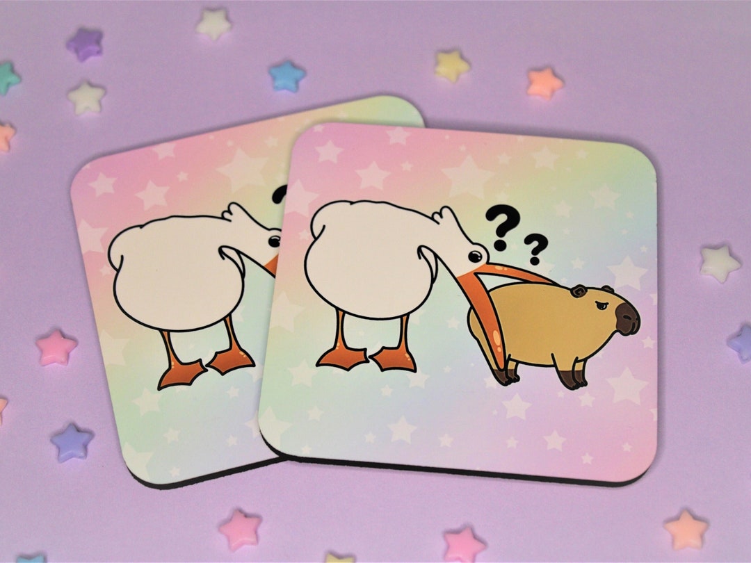 Adorable Pelican and Capybara Meme Coaster - Confused Pelican Eating ...