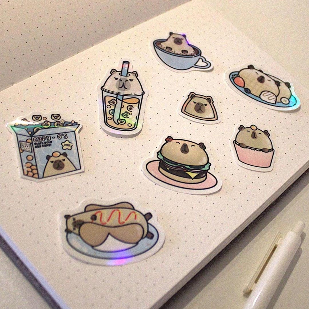 Kawaii Capybara Café Sticker Pack - Set of 8 Capybara Themed Food ...