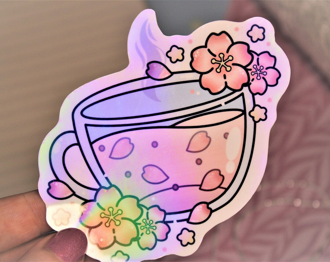 Cherry Blossom Themed Cup of Tea Sticker - Cute Floral Decals - Sakura ...