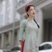 Green Mini Flowers Chiffon Ao Dai Set With Headband Pre-made ...