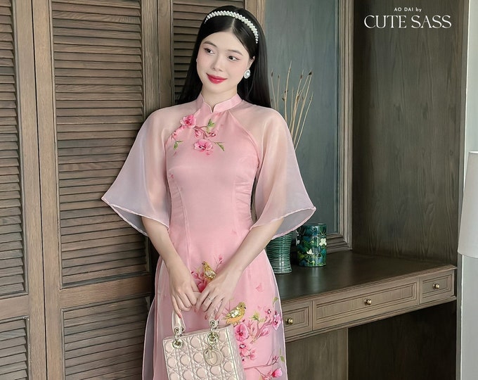 Pink Wide Sleeves 3D Branches Ao Dai Set 29C| Pre-made Modernized ...