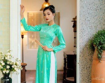 Green Mini Flowers Chiffon Ao Dai Set With Headband Pre-made - Etsy