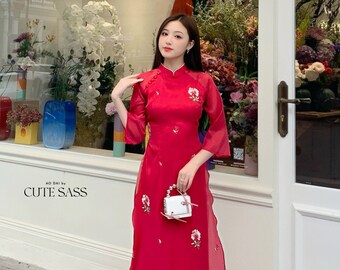 Pink/gold Gam Ao Dai Set |pre-made Modernized Vietnamese Ao Dai| Ao Dai ...