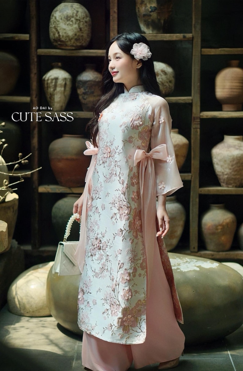 Yen - Pink and Gold 3D Flowers Bow Shifted Ao Dai Set 17B - Etsy