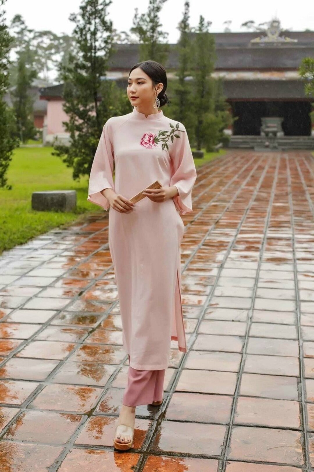 Shifted Light Pink Ao Dai Set Pre-made Modernized Vietnamese Ao Dai ...