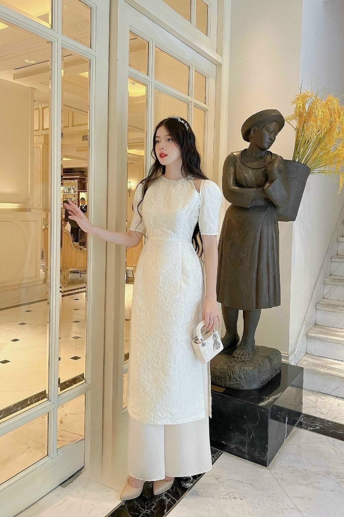 White Pearl Cut-out Puffy Sleeve Ao Dai Set Pre-made - Etsy