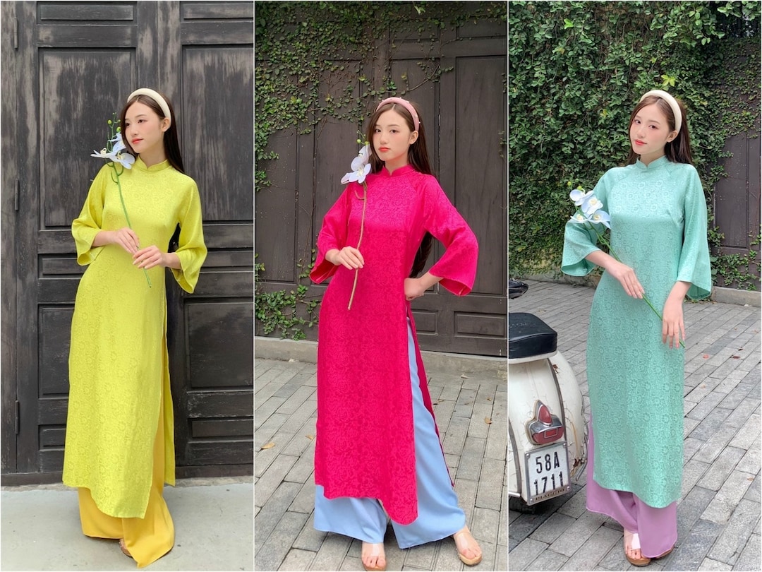 High Collar Shifted Gam Ao Dai Set| Pre-made Vietnamese Ao Dai| Women ...